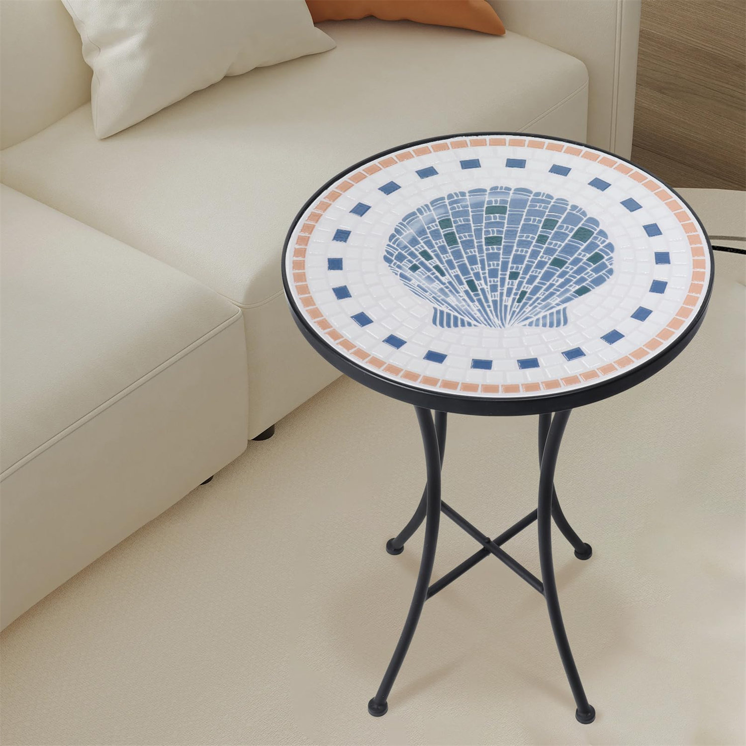 Beachcrest Home 14" Seashell Mosaic Side Table - Folding Outdoor Accent Table for Patio, Balcony ...